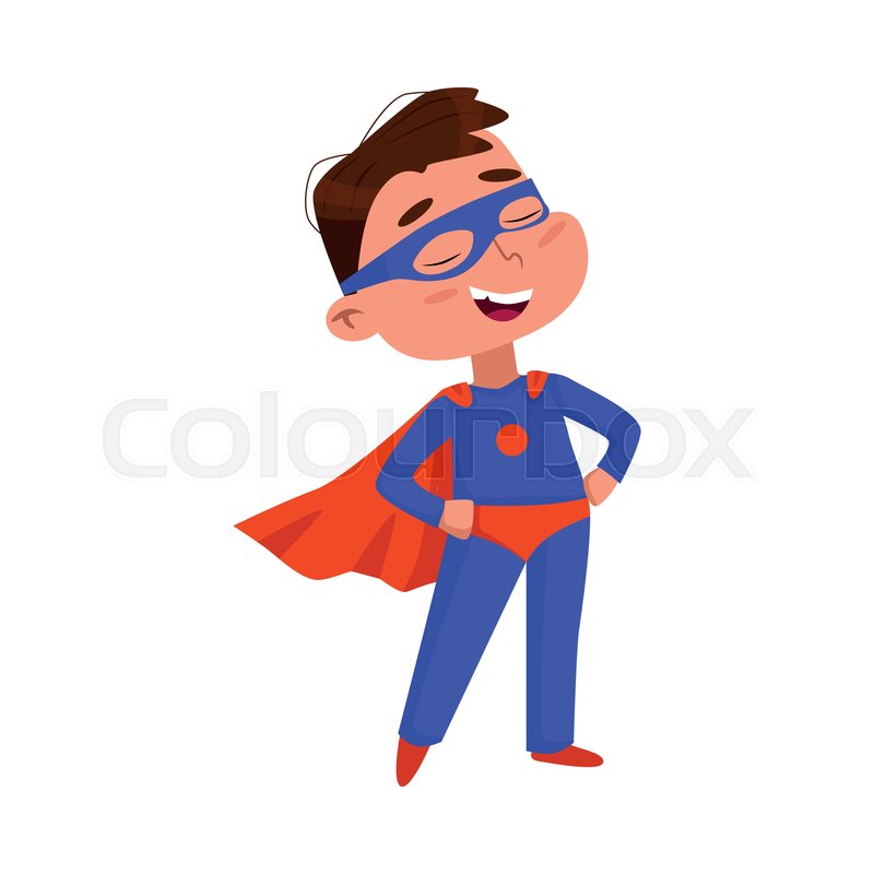 Cute Boy in Blue Superhero Costume and ... | Stock vector | Colourbox