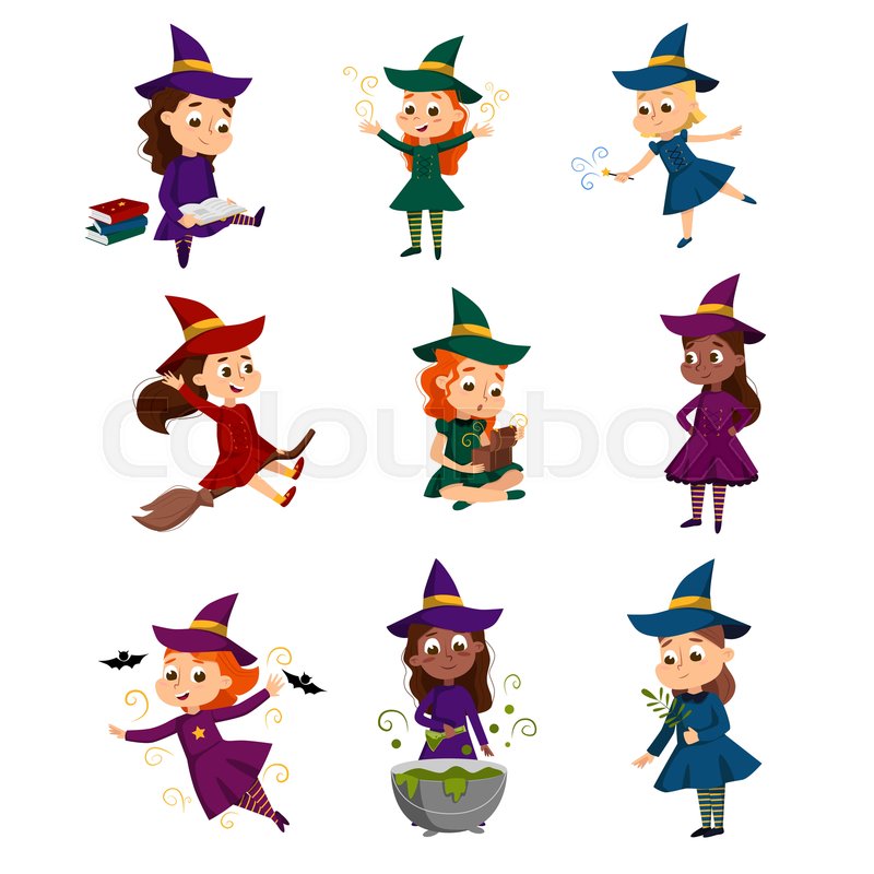 Little Witches Set, Cute Girls Wearing ... | Stock vector | Colourbox