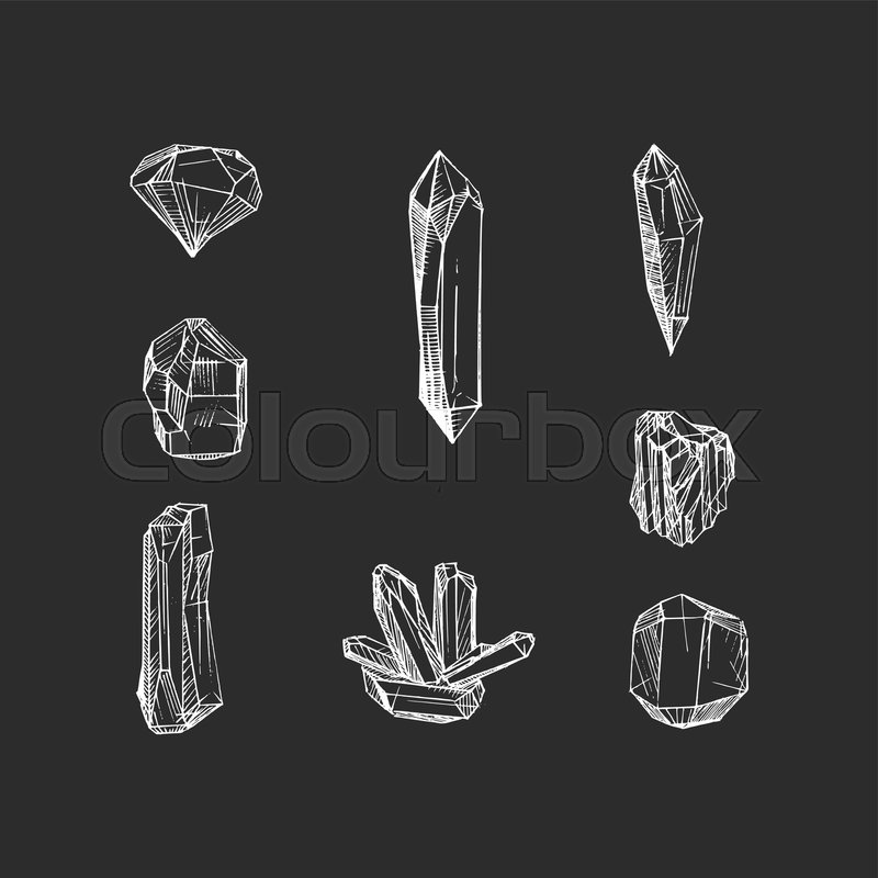 Set of hand drawn crystals on black ... | Stock vector | Colourbox