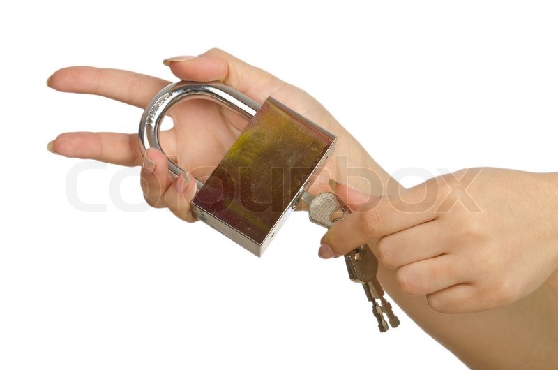 Hand with padlock isolated on white | Stock Photo | Colourbox