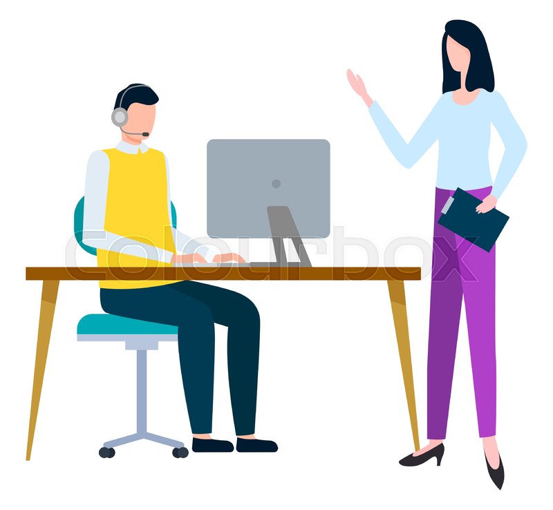 Man wearing headset working at desktop ... | Stock vector | Colourbox