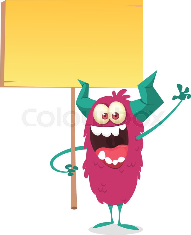 Cute friendly cartoon monster holding ... | Stock vector | Colourbox