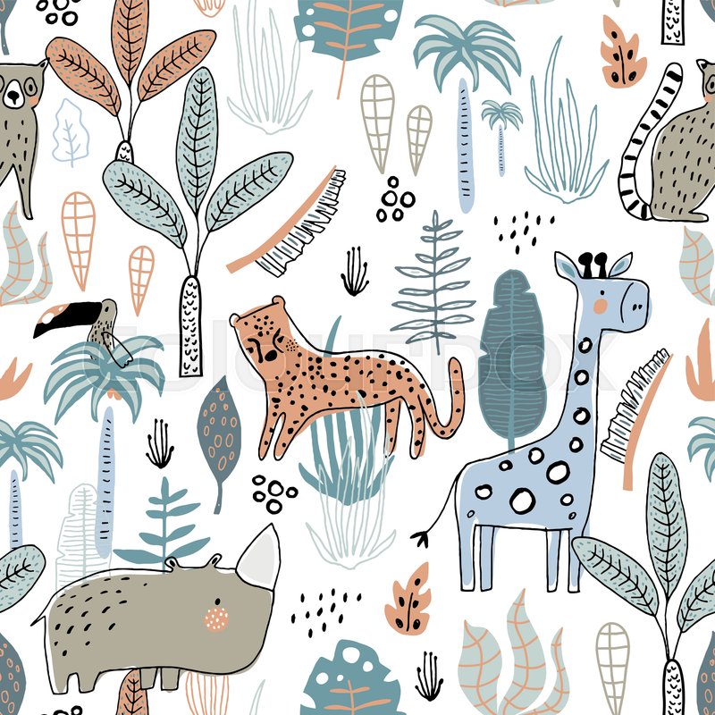 Seamless childish jungle pattern with ... | Stock vector | Colourbox