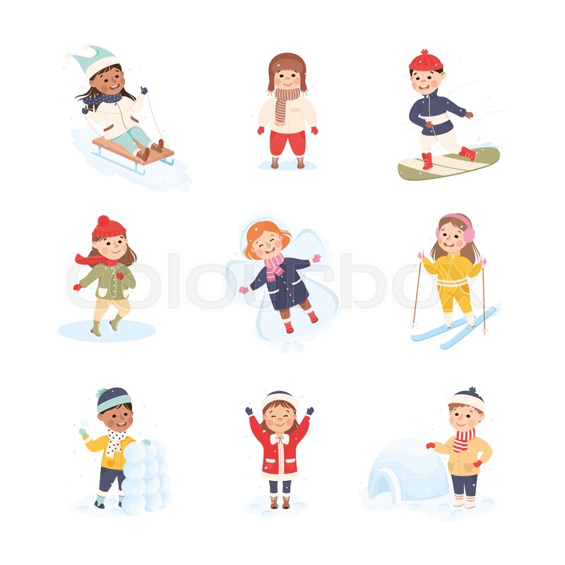 Young People Having Fun With Winter Activities Cartoon