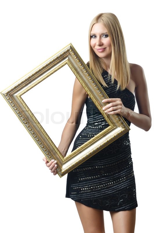 Woman holding picture frame on white | Stock image | Colourbox