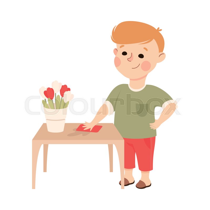 Cute Boy Wiping Dust From Table, Kid ... | Stock vector | Colourbox