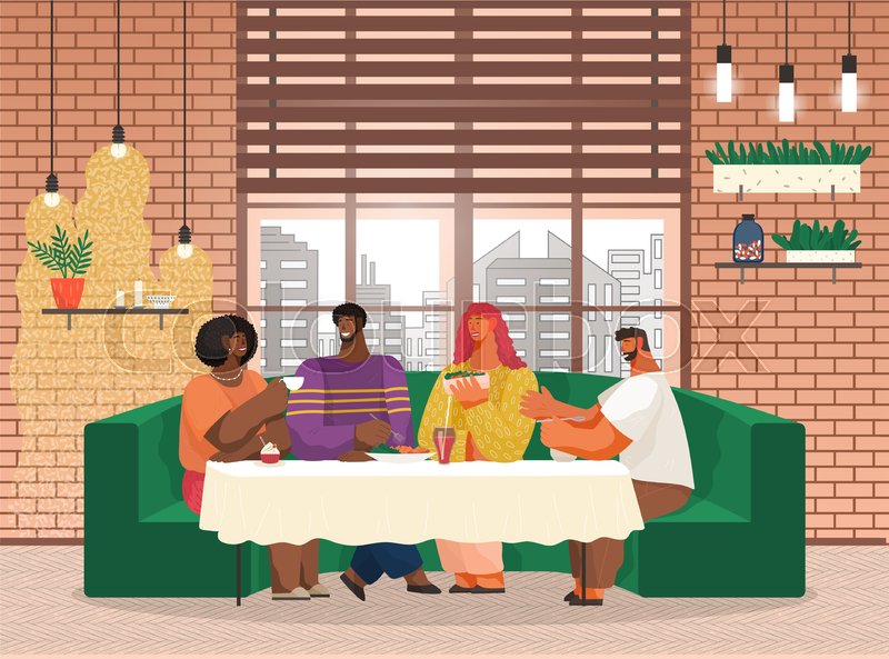 Friends are sitting on soft long green ... | Stock vector | Colourbox