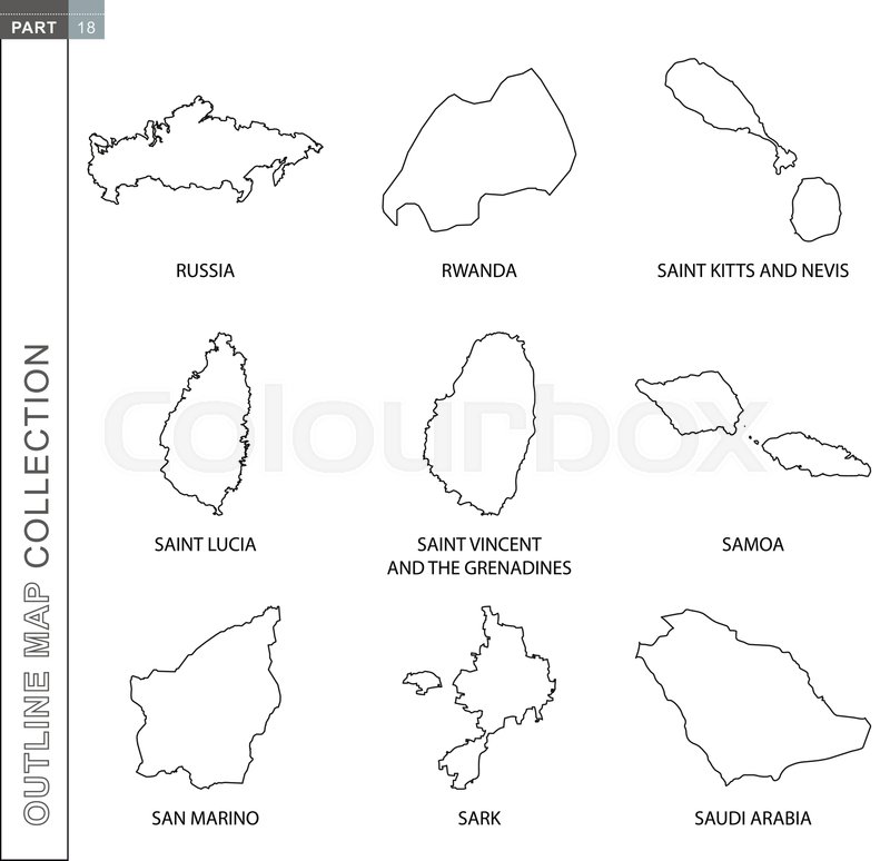 Outline maps collection, nine black ... | Stock vector | Colourbox