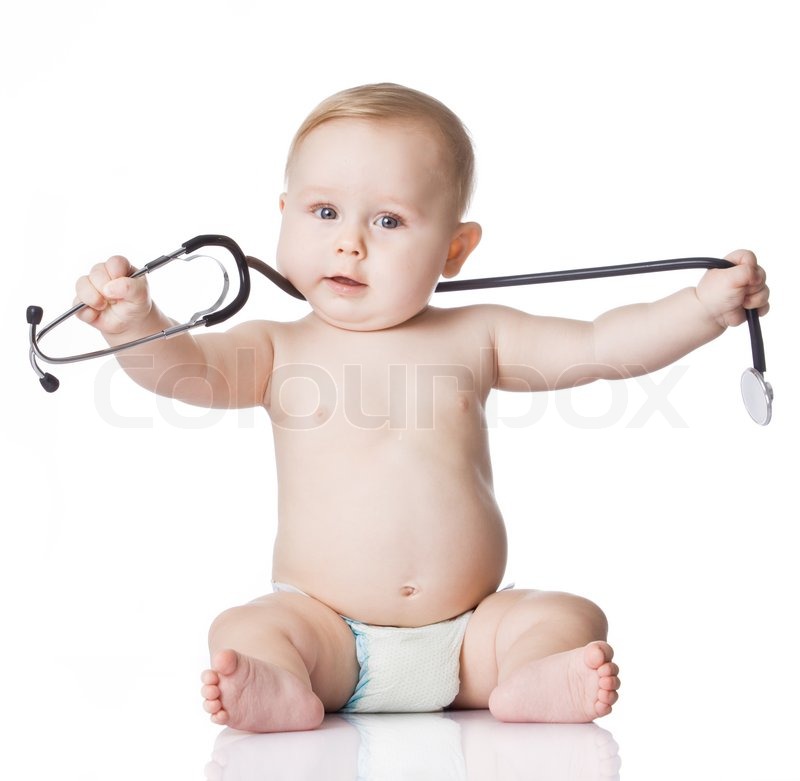 Sweet baby with stethoscope on a white ... | Stock Photo | Colourbox