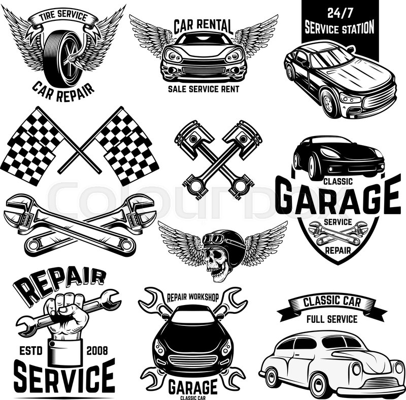 Set of auto service emblems. Service station auto parts tires shop ...