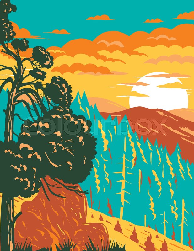 WPA poster art of Mount Shasta and ... | Stock vector | Colourbox