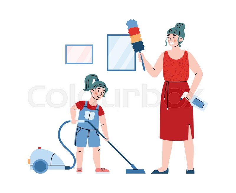Kid girl helping mother with daily ... | Stock vector | Colourbox