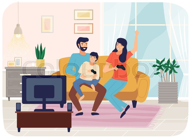 Family playing video games. Mom dad ... | Stock vector | Colourbox