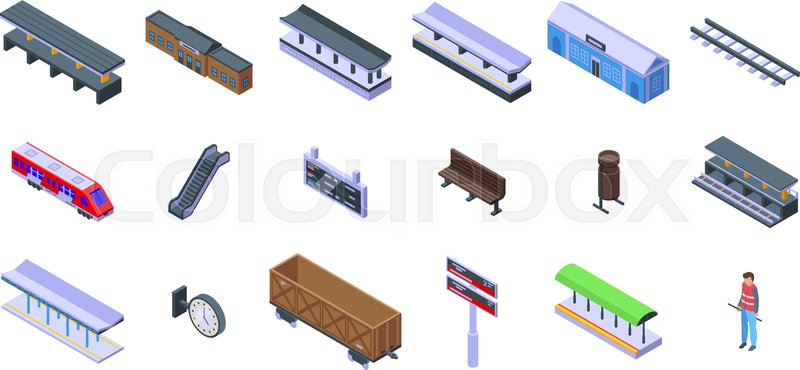 Railway platform icons set. Isometric ... | Stock vector | Colourbox