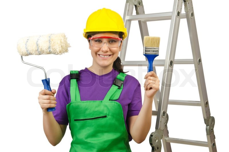 Woman worker with ladder on white | Stock image | Colourbox