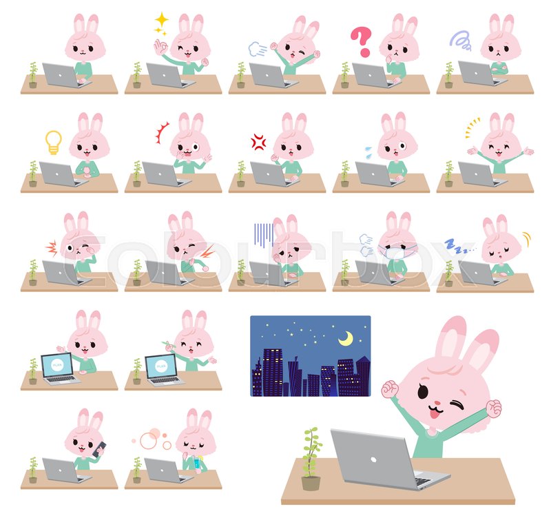 A set of rabbit girl on desk work.It's ... | Stock vector | Colourbox