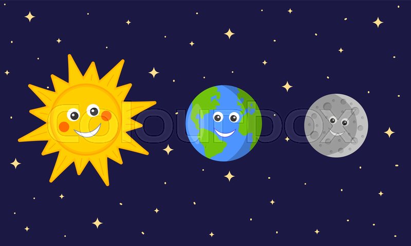 Cute Sun, Earth and Moon characters on ... | Stock vector | Colourbox