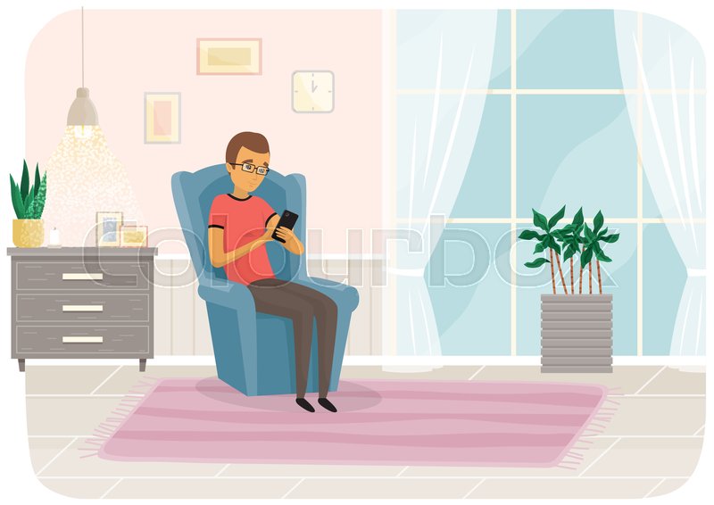 Man uses smartphone while sitting on ... | Stock vector | Colourbox