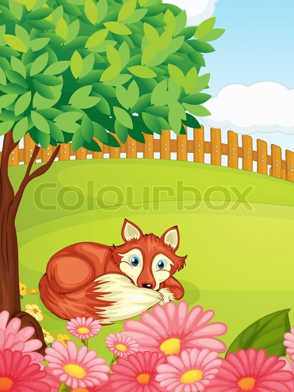A fox lies under a tree | Stock vector | Colourbox