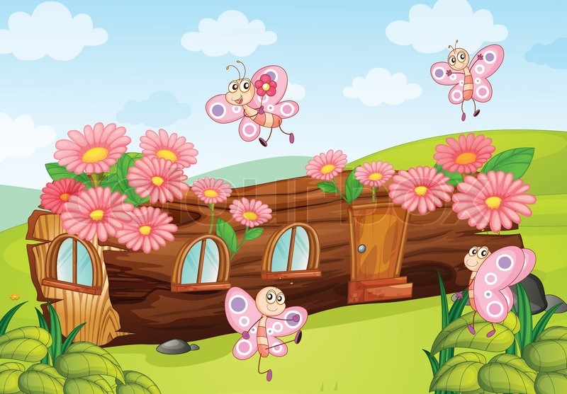 Butterflies and a wood house | Stock vector | Colourbox