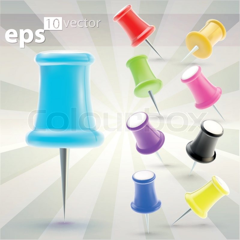 Nine colorful push pins made of glossy ... | Stock vector | Colourbox