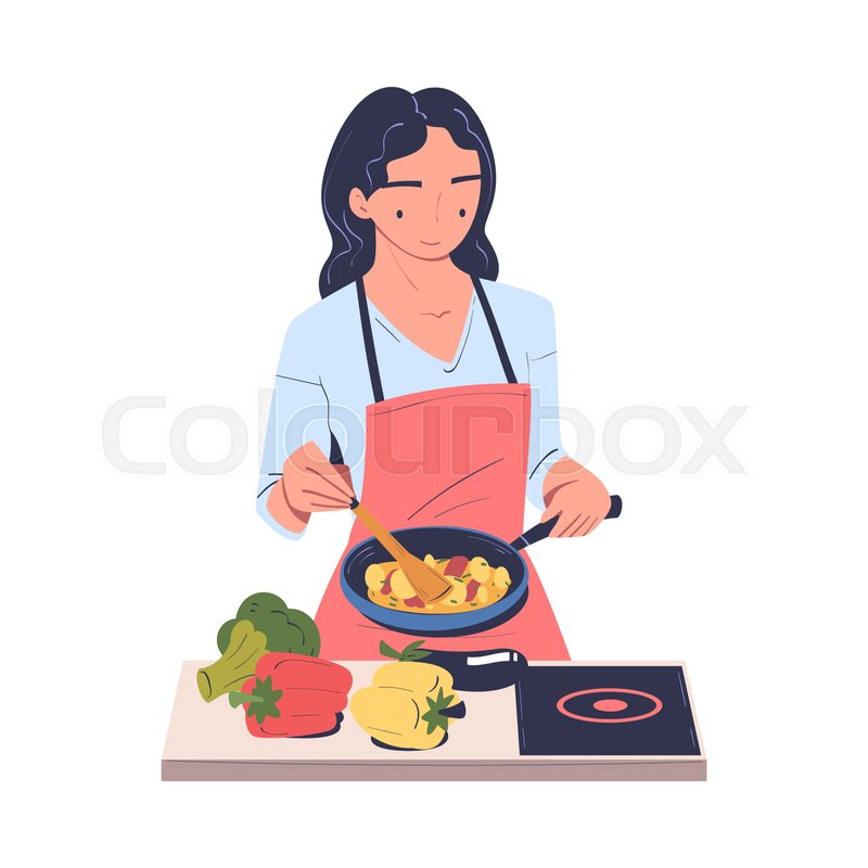 Woman Cooking At Home Cartoon