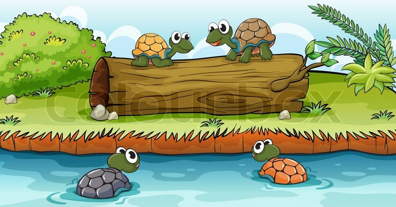 Turtles on water and log | Stock vector | Colourbox