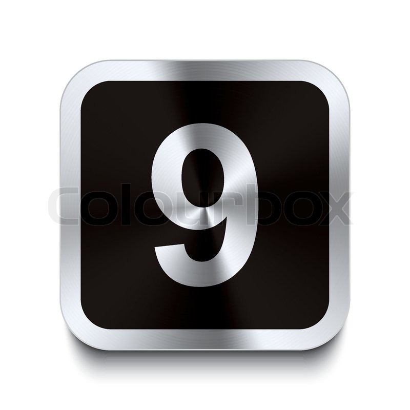Square metal button - black number - 9 | Stock vector | Colourbox