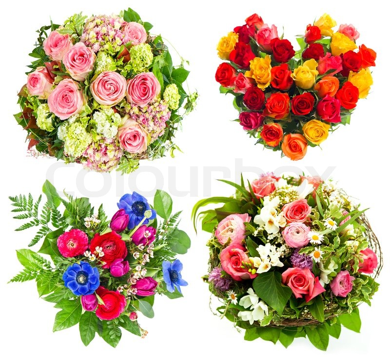 Four colorful flowers bouquet on white | Stock image | Colourbox