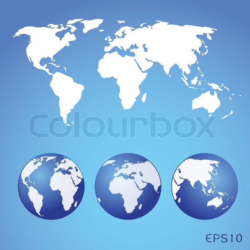 World map with globe in three sides. | Stock Vector | Colourbox