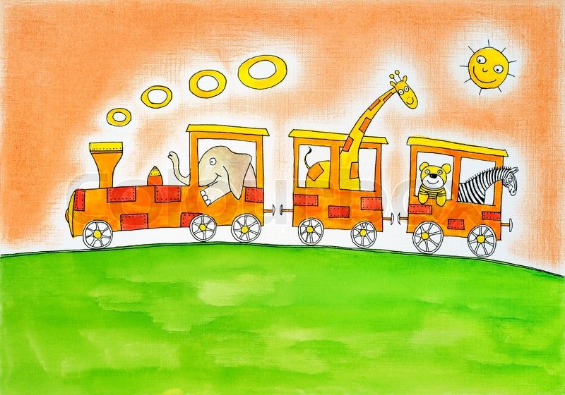 Dyr på tur , barns tegning, akvarel ... | Stock foto | Colourbox