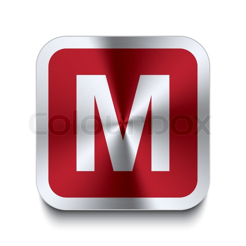 Square metal button - red letter - m | Stock vector | Colourbox