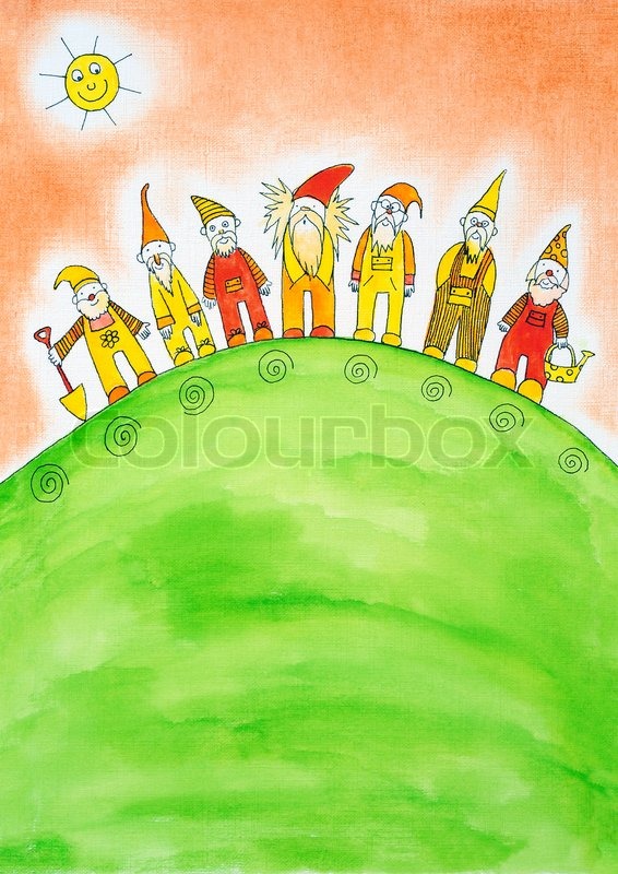 Sieben Zwerge, Kinderzeichnung , Aquarell auf Papier | Stockfoto ...