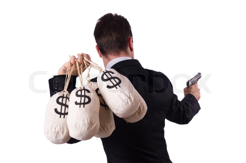 Gangster with bags of money on white | Stock image | Colourbox