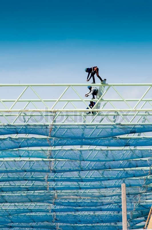 Workers do the job on roof of building | Stock image | Colourbox