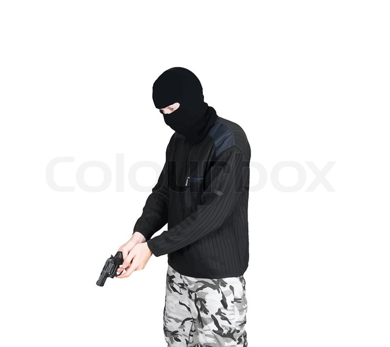 Man in a mask with a gun on a white ... | Stock image | Colourbox