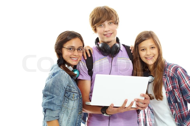 Three teenagers with laptop looking at ... | Stock image | Colourbox