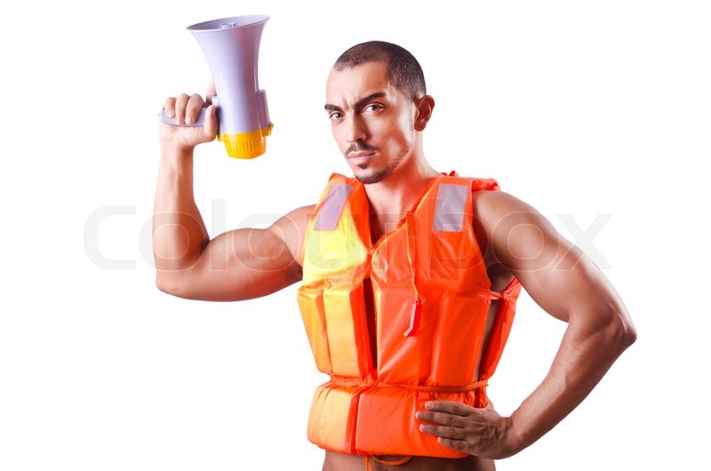 Man in life jacket isolated on white | Stock image | Colourbox