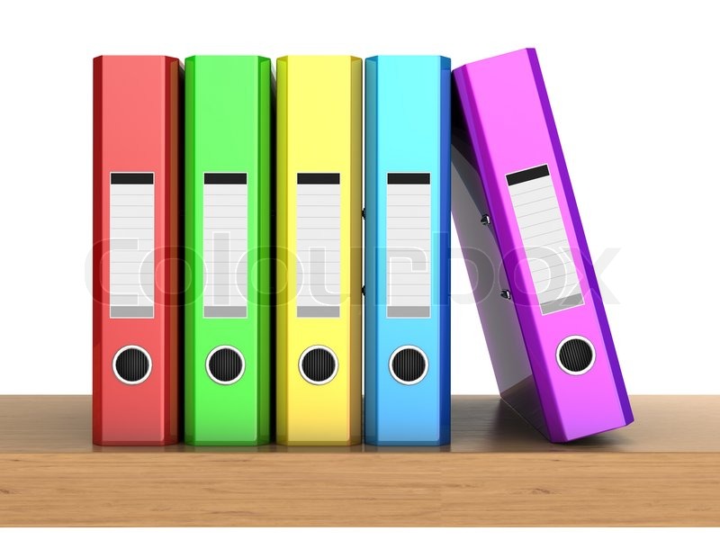 3D-Clipart die bunten fünf Ordner in Reihe auf dem hölzernen Regal ...