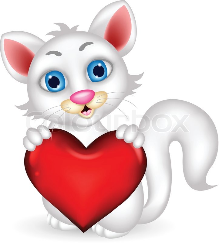 Cute fluffy white Cat holding heart ... | Stock vector | Colourbox