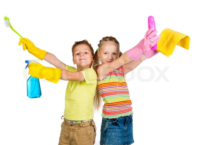 Smiling kids with detergents on white ... | Stock image | Colourbox