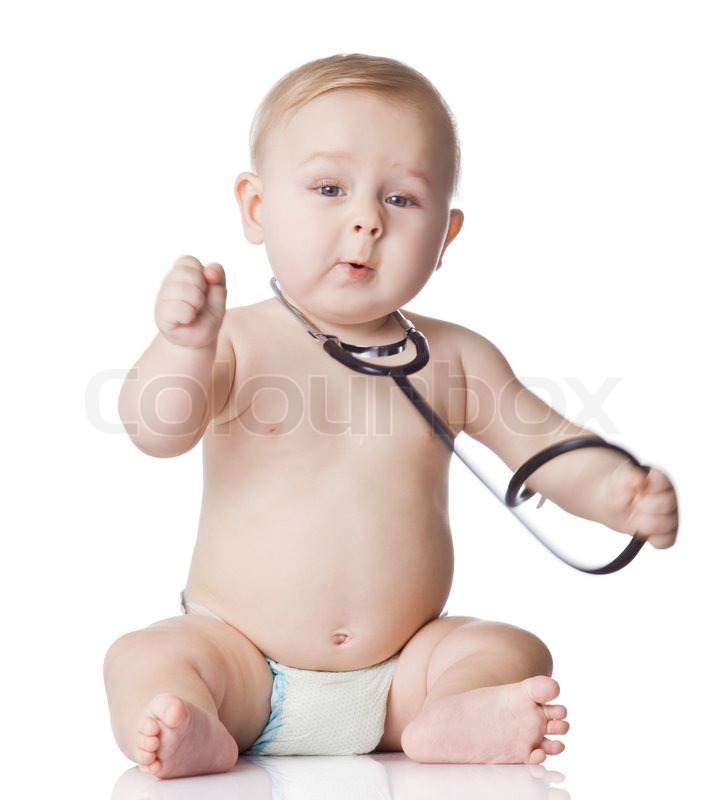 Sweet baby with stethoscope on a white ... | Stock image | Colourbox