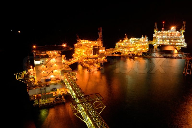 The large offshore oil rig at night in ... | Stock image | Colourbox