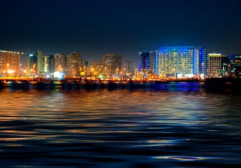 Dubai downtown night scene with city ... | Stock image | Colourbox