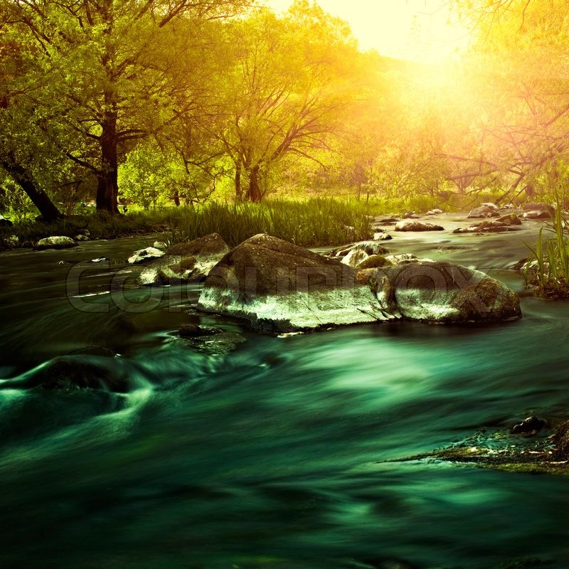 Sunset on the mountain river, ... | Stock image | Colourbox