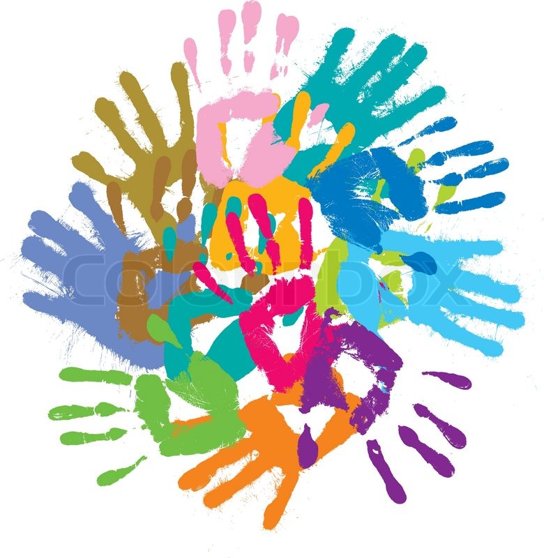 Multi-colored prints of hands on a ... | Stock vector | Colourbox