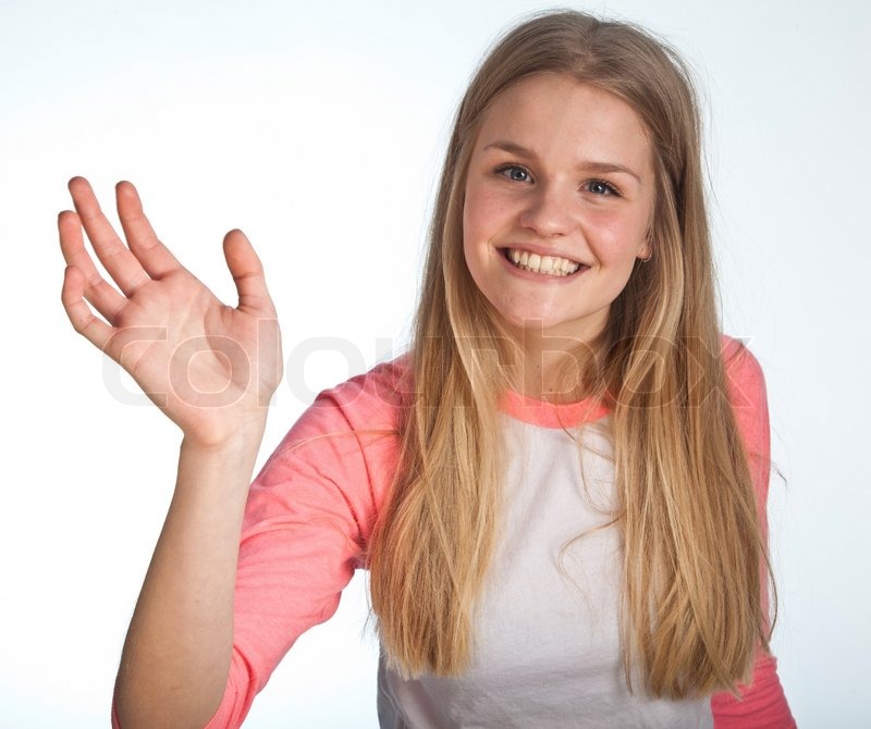 Scandinavian cute young girl waving ... | Stock image | Colourbox