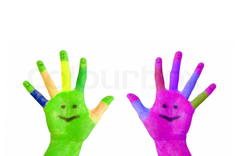 Two painted colorful hands with smiling ... | Stock image | Colourbox
