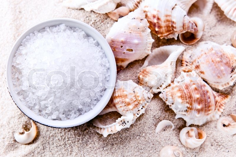 Sea salt and shells on sea sand | Stock image | Colourbox