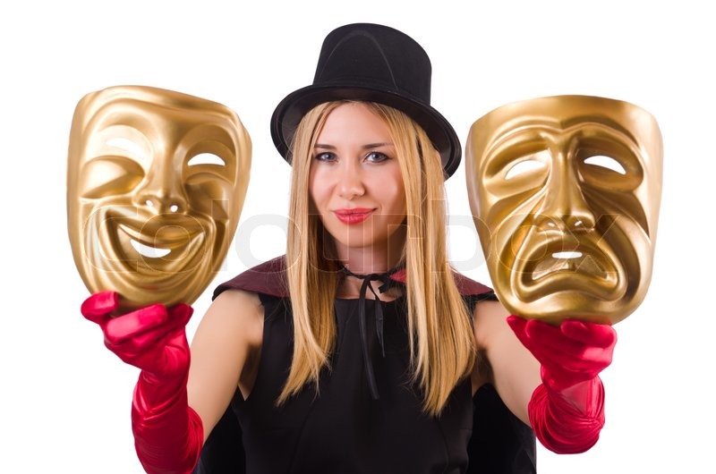 Woman with two masks isolated on white | Stock image | Colourbox